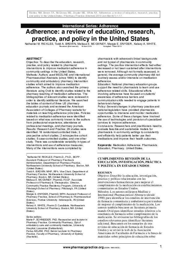 (PDF) Adherence: a review of education, research, practice, and policy ...