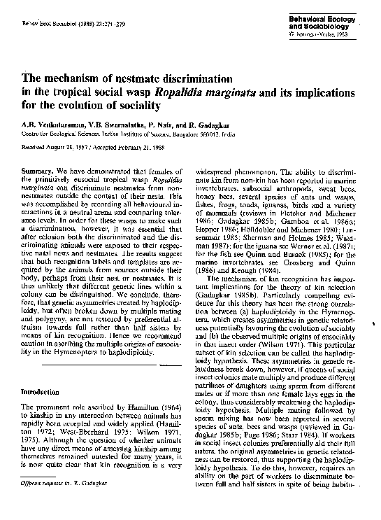 (PDF) The mechanism of nestmate discrimination in the tropical social ...
