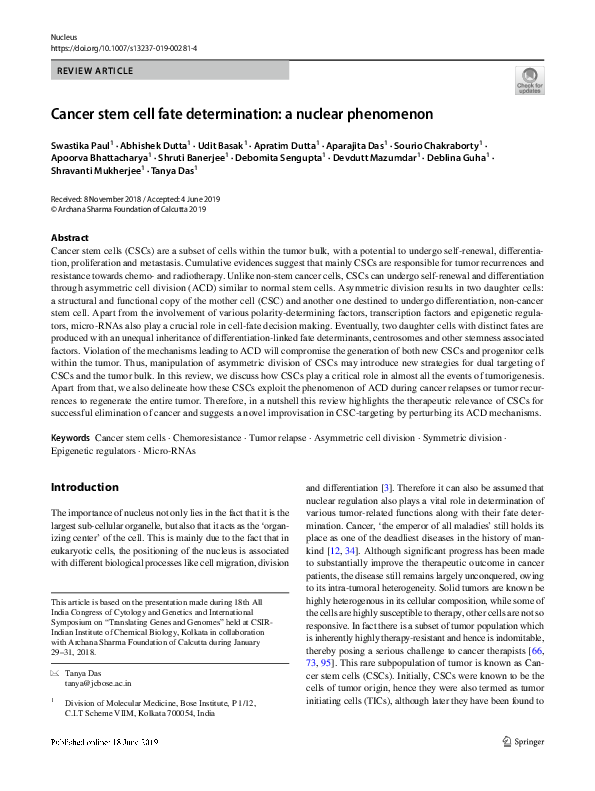 (PDF) Cancer stem cell fate determination: a nuclear phenomenon