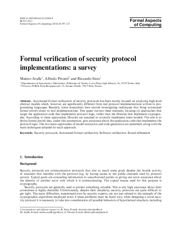 (PDF) Formal verification of security protocol implementations: a survey