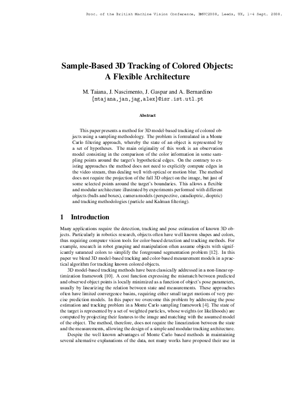(PDF) Sample-Based 3D Tracking of Colored Objects : A Flexible Architecture