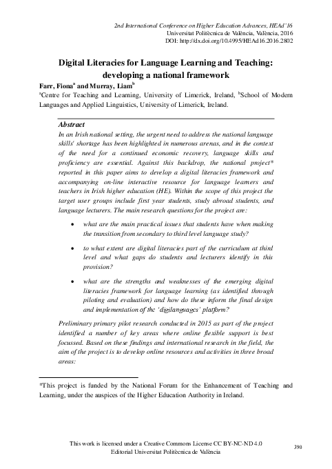 (PDF) Digital Literacies for Language Learning and Teaching: developing a national framework