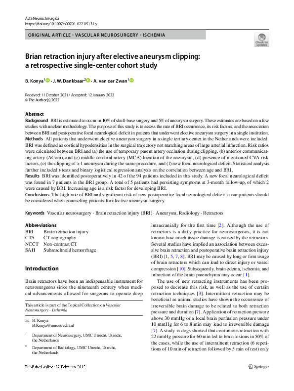 (PDF) Brain retraction injury after elective aneurysm clipping: a retrospective single-center ...