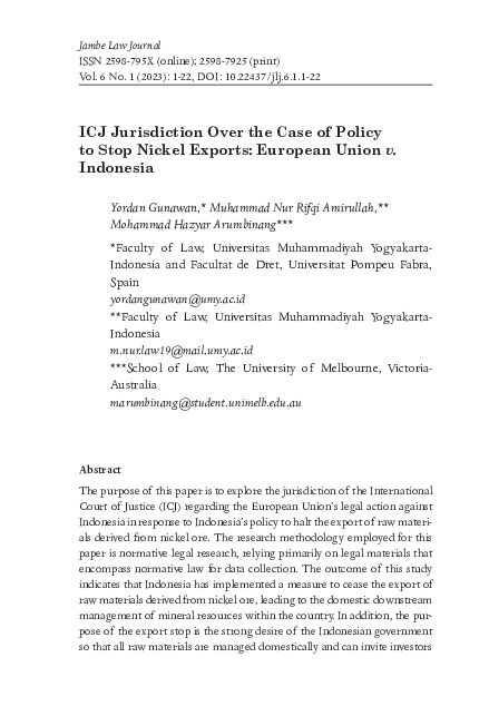 (PDF) ICJ Jurisdiction Over the Case of Policy to Stop Nickel Exports: European Union v. Indonesia