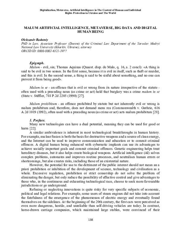 (PDF) Malum Artificial Intelligence, Metaverse, Big Data and Digital Human Being