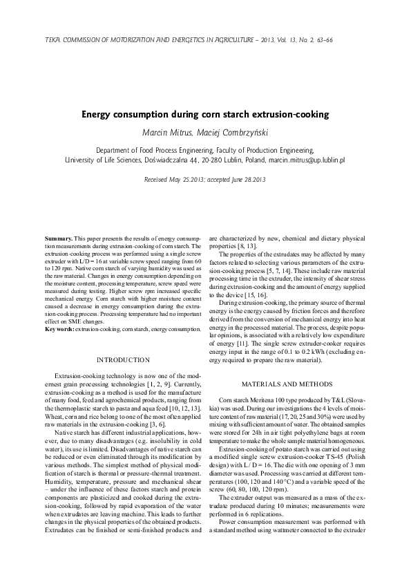(PDF) Energy consumption during corn starch extrusion-cooking