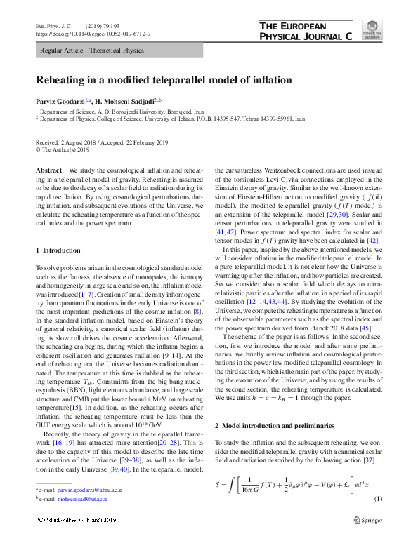 (PDF) Reheating in a modified teleparallel model of inflation