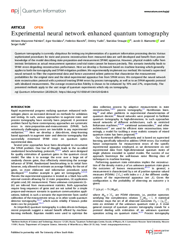 (PDF) Experimental neural network enhanced quantum tomography