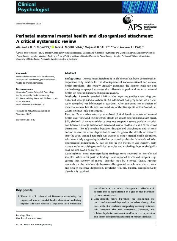 (PDF) Perinatal maternal mental health and disorganised attachment: A ...