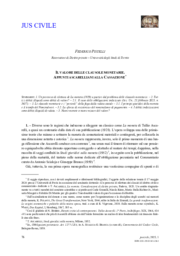 (PDF) Il valore delle clausole monetarie. Appunti ascarelliani alla ...