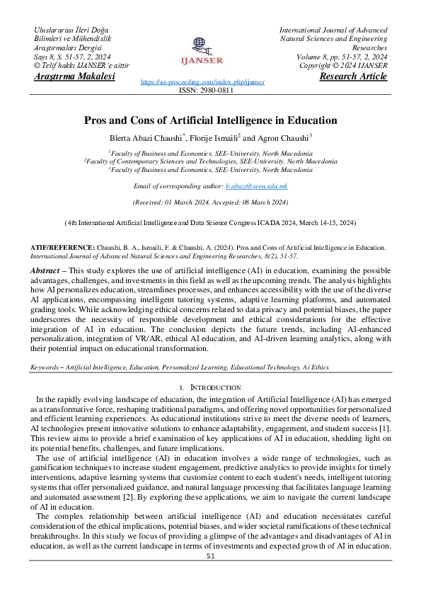 (PDF) Pros and Cons of Artificial Intelligence in Education