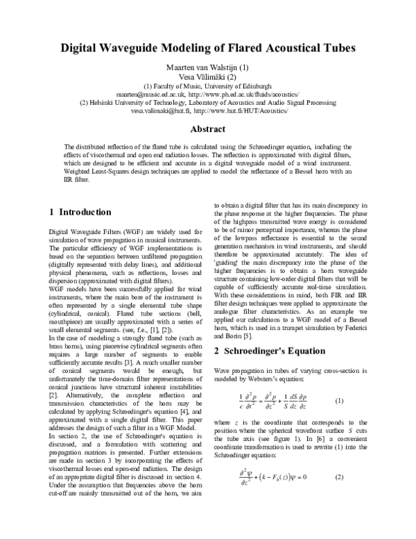 (PDF) Digital waveguide modeling of flared acoustical tubes