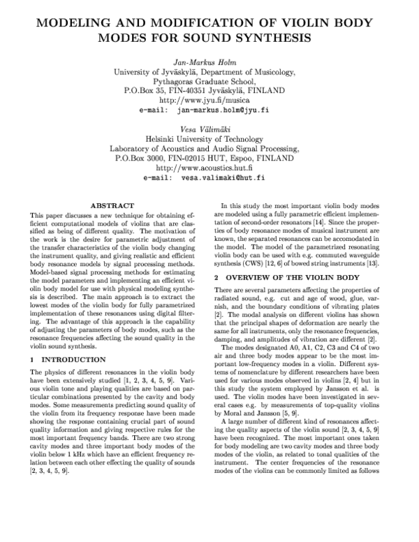 (PDF) Modeling and modification of violin body modes for sound synthesis