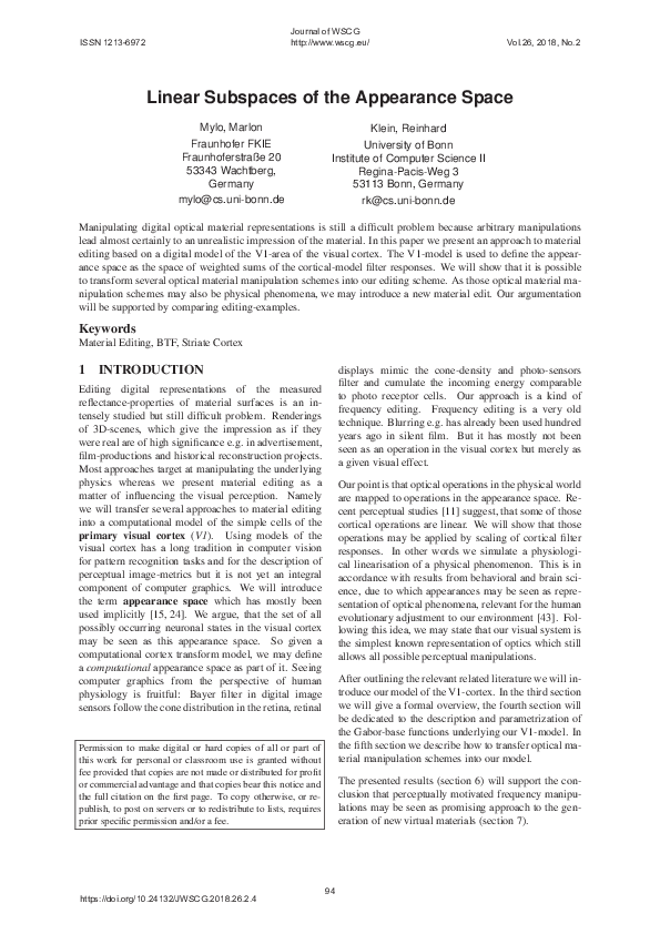 (PDF) Linear Subspaces of the Appearance Space