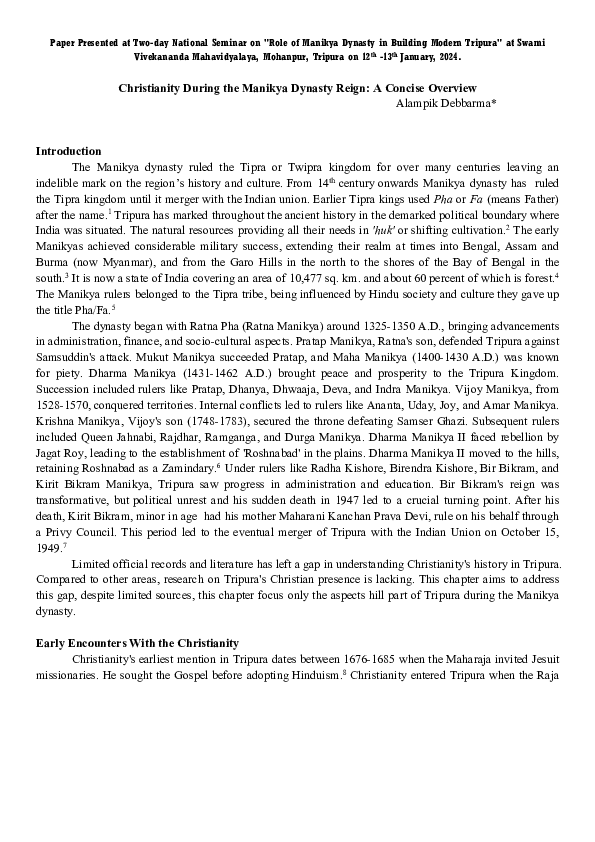(PDF) Christianity During The Manikya Dynasty Reign: A Concise Overview