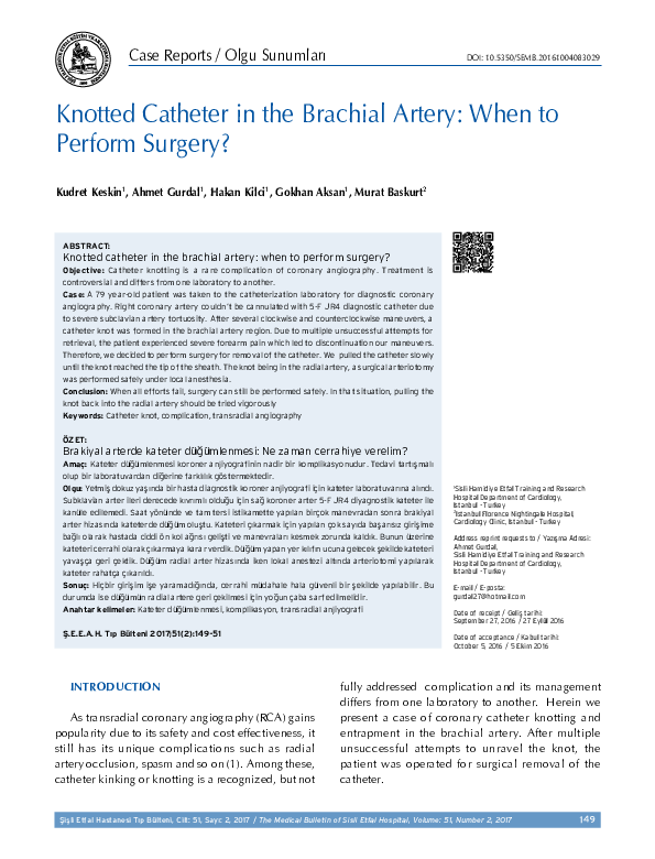 (PDF) Knotted catheter in the brachial artery: when to perform surgery?