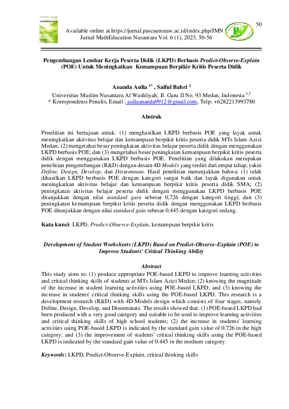 (PDF) Pengembangan Lembar Kerja Peserta Didik (LKPD) Berbasis Predict-Observe-Explain (POE ...