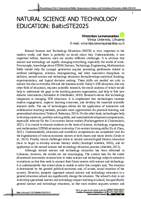 (PDF) NATURAL SCIENCE AND TECHNOLOGY EDUCATION: BalticSTE2025