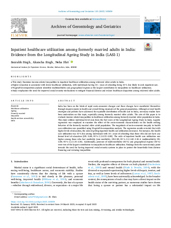(PDF) Inpatient healthcare utilization among formerly married adults in India: Evidence from the ...