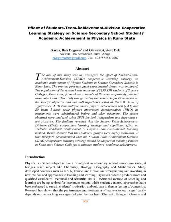 (PDF) Effect of Students-Team-Achievement-Division Cooperative Learning ...