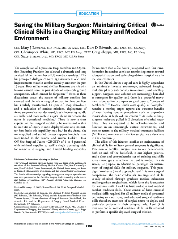(PDF) Saving the Military Surgeon: Maintaining Critical Clinical Skills ...