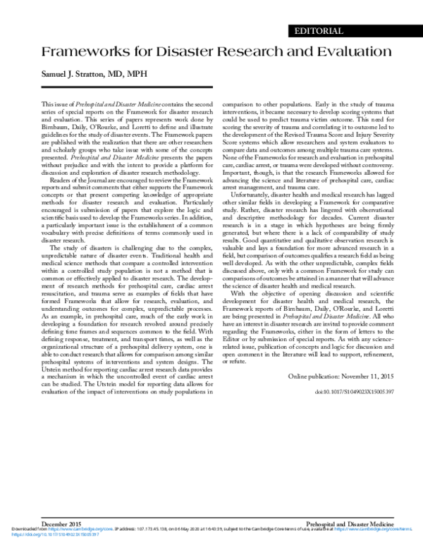(PDF) Frameworks for Disaster Research and Evaluation