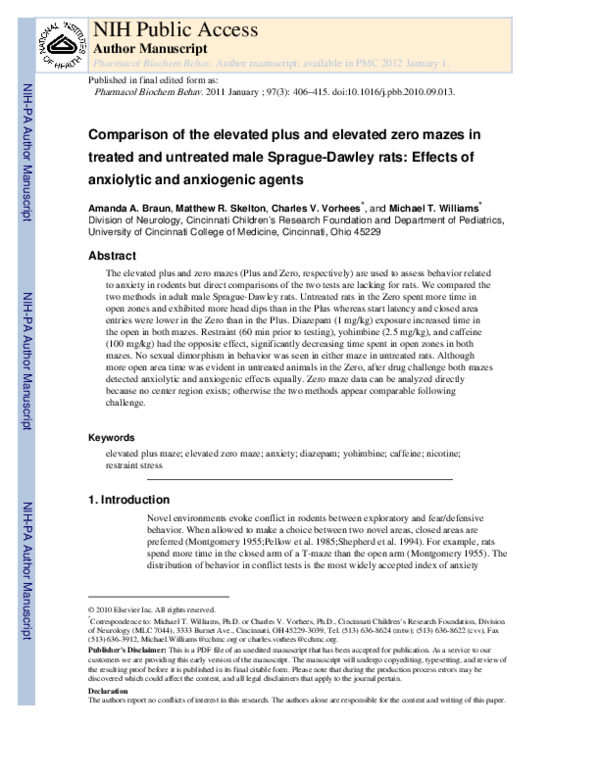 (PDF) Comparison of the elevated plus and elevated zero mazes in treated and untreated male ...