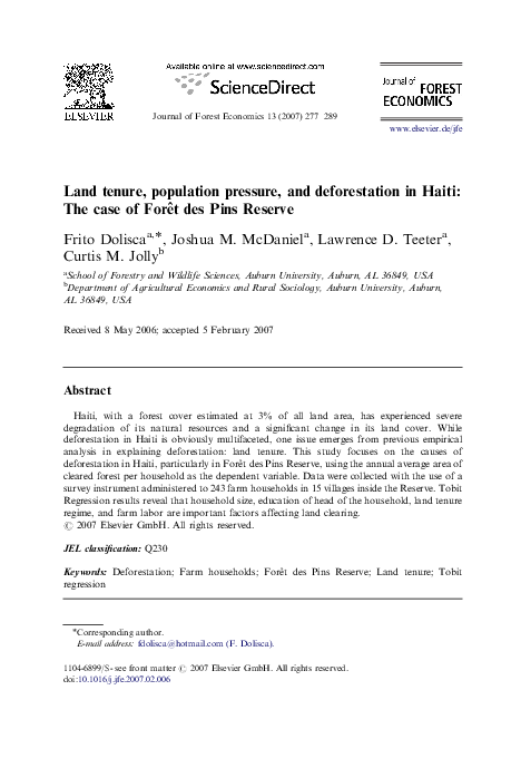 (PDF) Land tenure, population pressure, and deforestation in Haiti: The ...