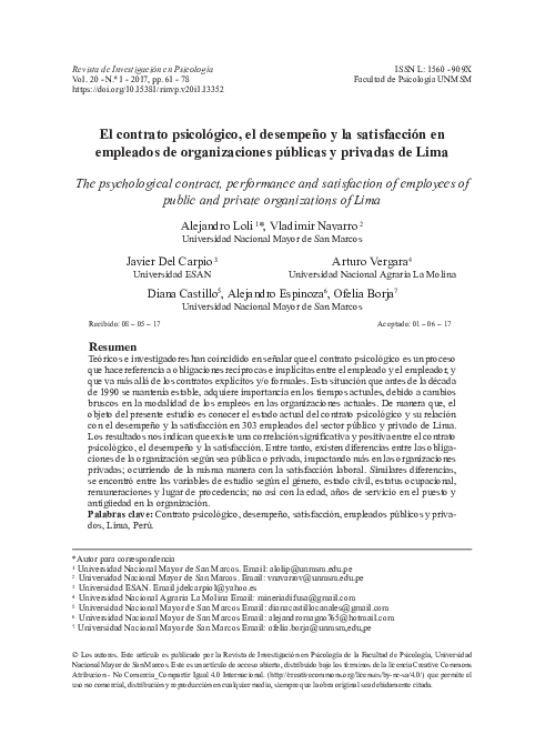 (PDF) El contrato psicol?gico, el desempe?o y la satisfacci?n en empleados de organizaciones p ...