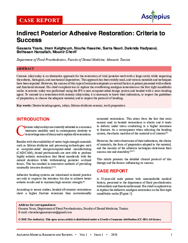 (PDF) Indirect Posterior Adhesive Restoration: Criteria to Success