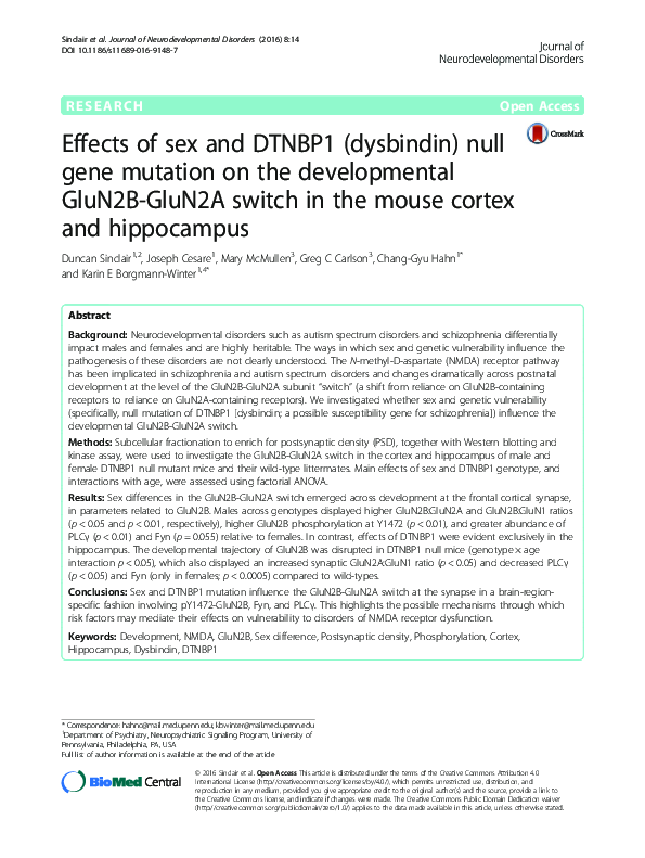 (PDF) Effects of sex and DTNBP1 (dysbindin) null gene mutation on the ...