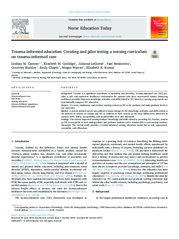 (PDF) Trauma-informed education: Creating and pilot testing a nursing ...