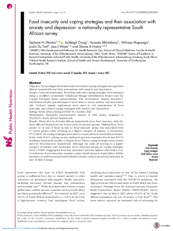 (PDF) Food insecurity and coping strategies and their association with ...