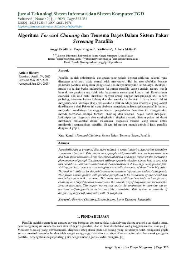 (PDF) Algoritma Forward Chaining dan Teorema Bayes Dalam Sistem Pakar Screening Parafilia