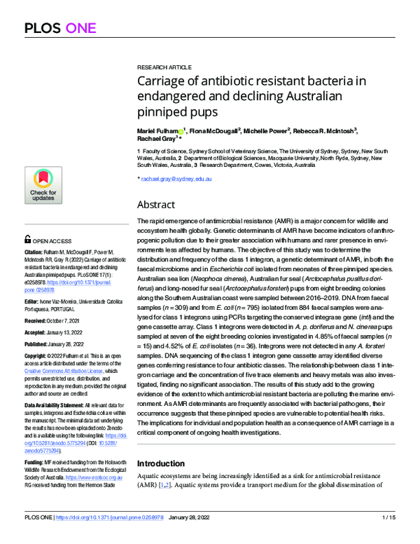 (PDF) Carriage of antibiotic resistant bacteria in endangered and declining Australian pinniped pups