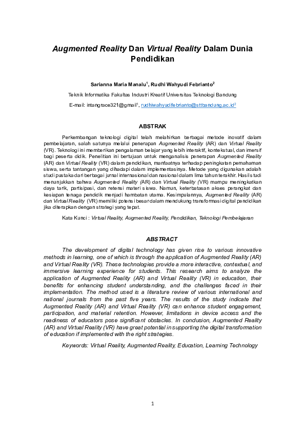 (PDF) Augmented Reality Dan Virtual Reality Dalam Dunia Pendidikan