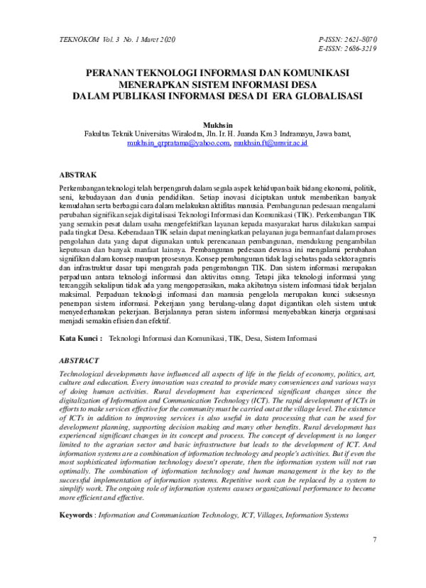 (PDF) Peranan Teknologi Informasi Dan Komunikasi Menerapkan Sistem Informasi Desa Dalam ...
