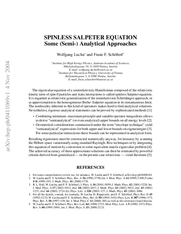 (PDF) Spinless Salpeter Equation: Some (Semi-) Analytical Approaches