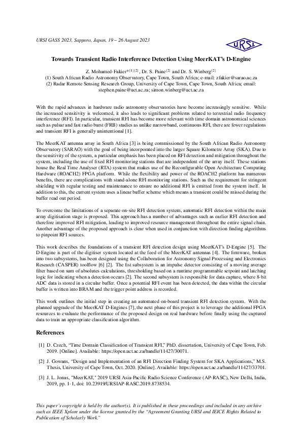 (PDF) Towards Transient Radio Interference Detection Using MeerKAT's D-Engine