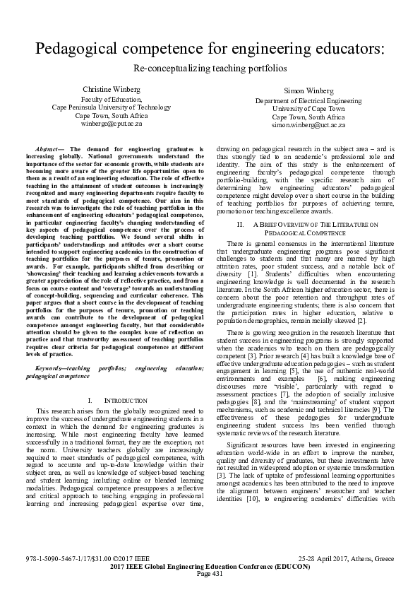 (PDF) Pedagogical competence for engineering educators: Re ...