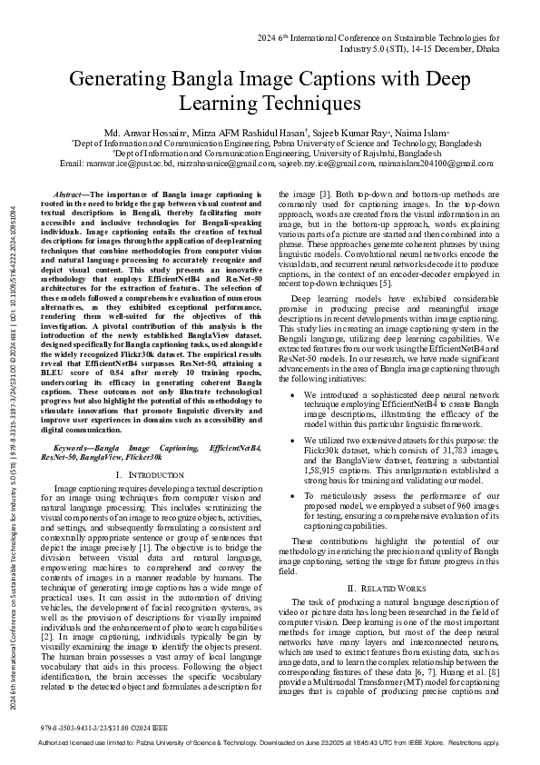 (PDF) Generating Bangla Image Captions with Deep Learning Techniques