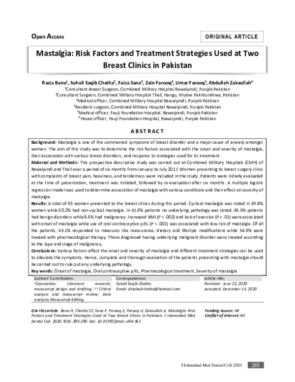 (PDF) Mastalgia: Risk Factors and Treatment Strategies Used at Two ...