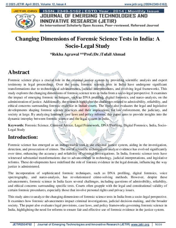 (PDF) Changing Dimensions of Forensic Science Tests in India: A Socio ...