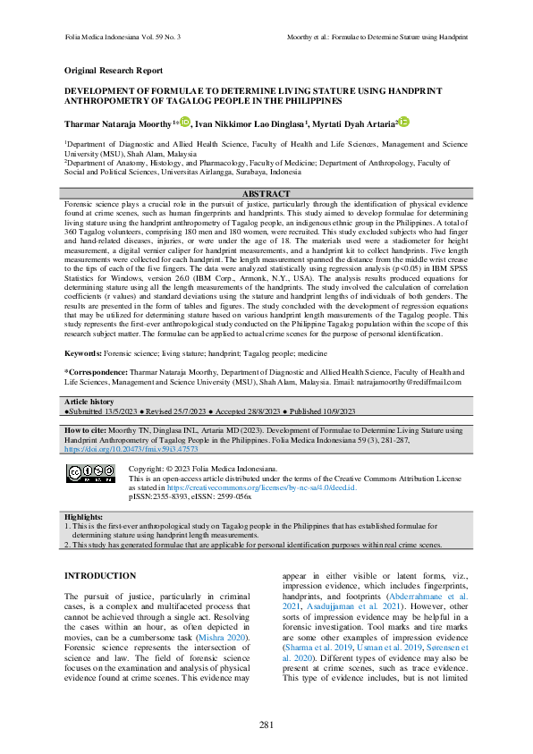 (PDF) DEVELOPMENT OF FORMULAE TO DETERMINE LIVING STATURE USING ...