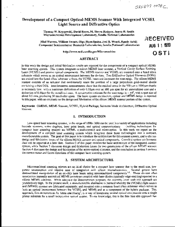 (PDF) Development of a compact optical MEMS scanner with integrated ...