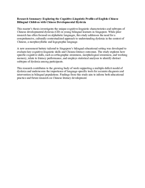 (PDF) Research Summary: Exploring the Cognitive-Linguistic Profiles of ...
