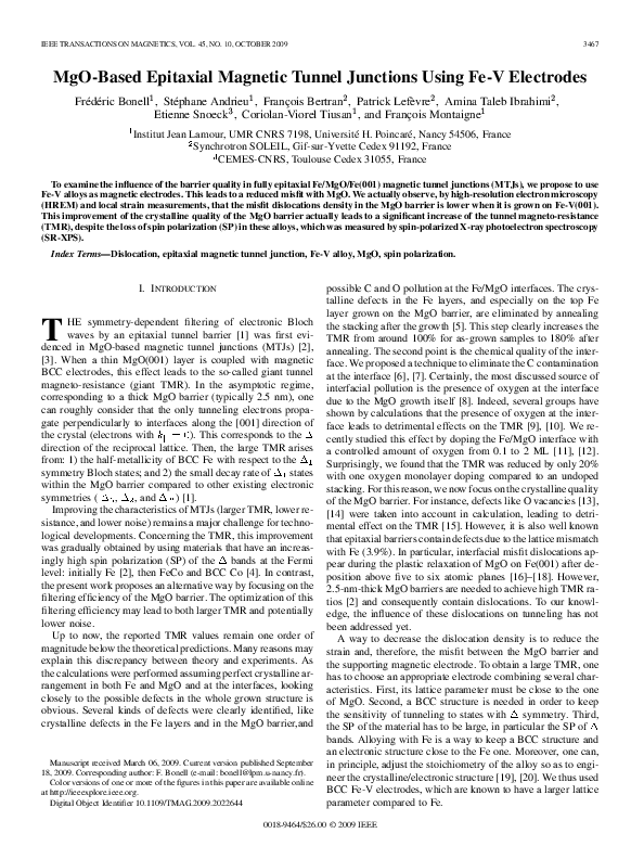 (PDF) MgO-Based Epitaxial Magnetic Tunnel Junctions Using Fe-V Electrodes