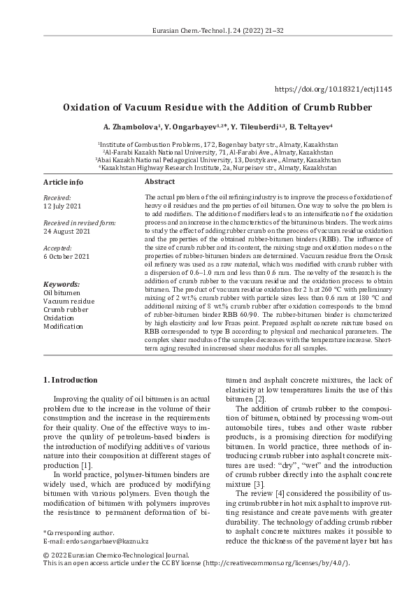 (PDF) Oxidation of Vacuum Residue with the Addition of Crumb Rubber
