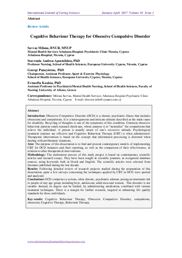Pdf Cognitive Behaviour Therapy For Obsessive Compulsive Disorder