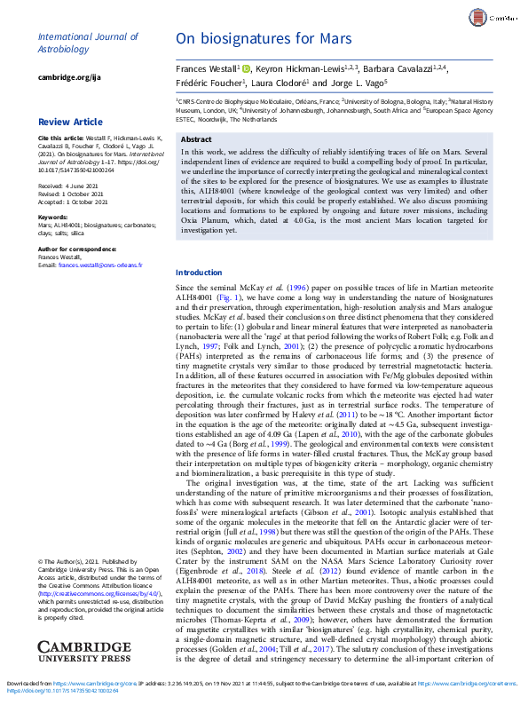 (PDF) On biosignatures for Mars